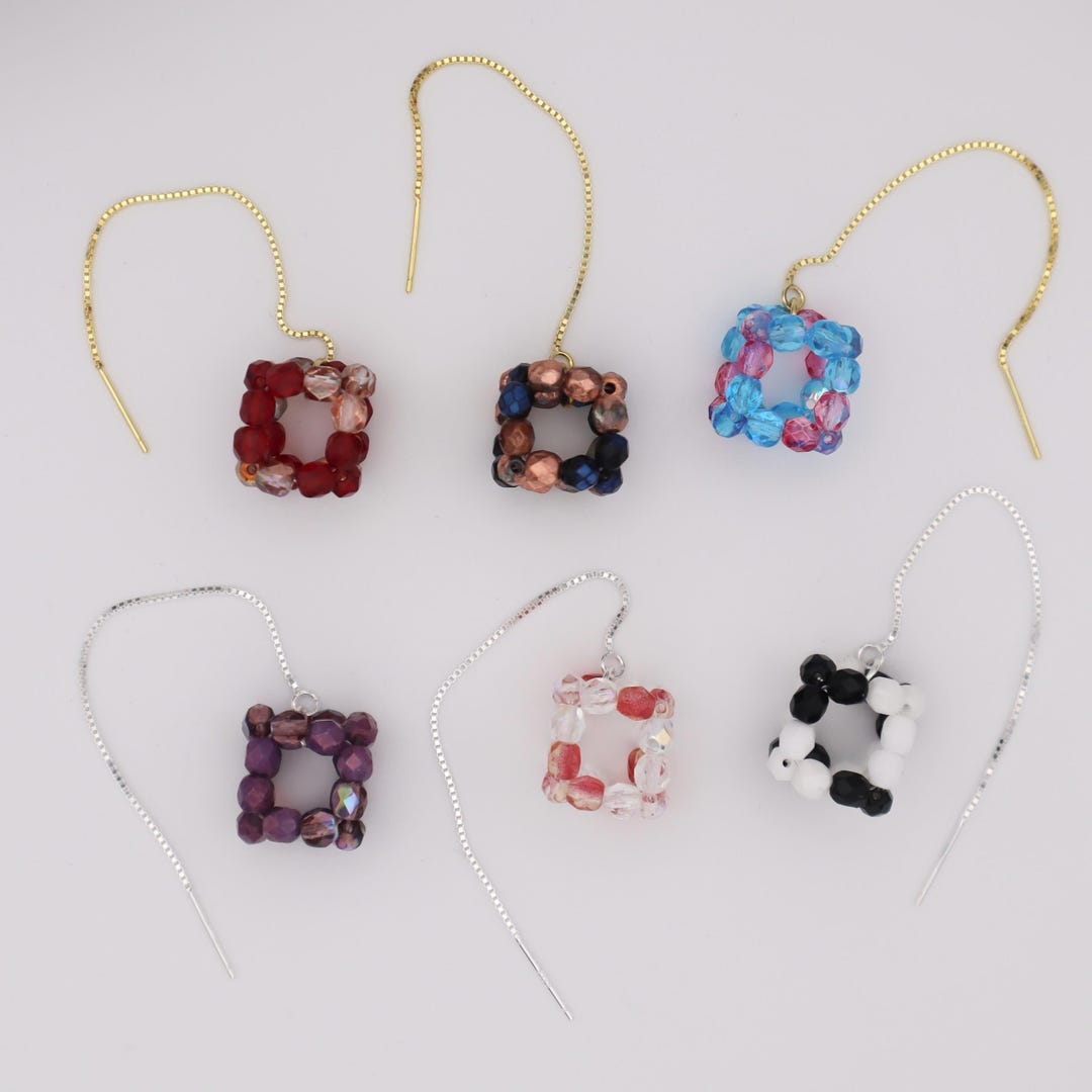 Little Beading Geometry – Two-tone Beaded Frame Cube Threader Earrings ...