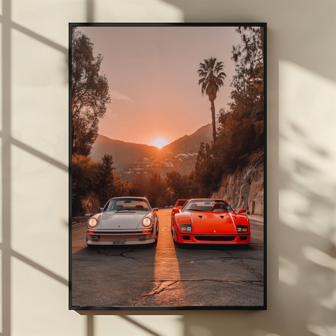 Porsche 911 & Ferrari F40 Sunset Poster, Classic Sports Car Wall Art ...