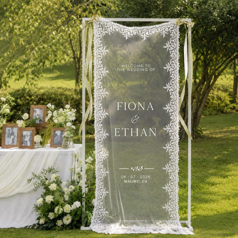 Sheer Lace Wedding Welcome Sign With Sage Green Ribbon, Custom Tulle ...