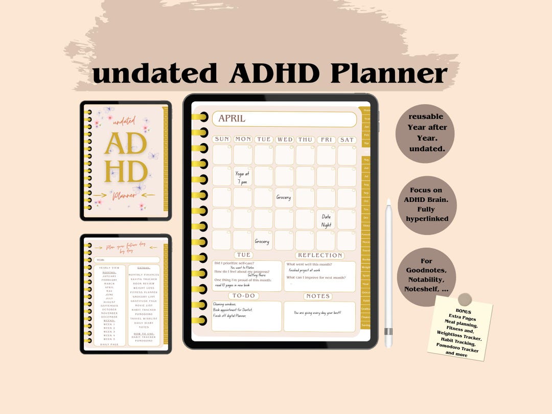 ADHD Undated Digital Planner, Daily Planner, Fitness & Habit Tracker ...