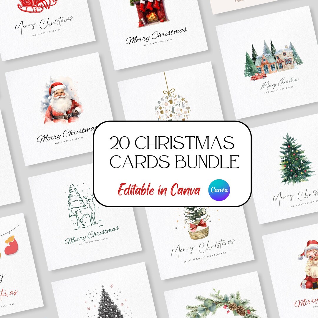 Printable Christmas Cards Bundle | 20 Editable Xmas Cards | Instant ...