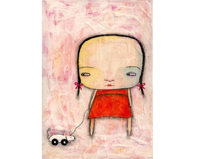 Mabel Loves Her Mouse - Original Whimsical Mixed Media Painting on ...
