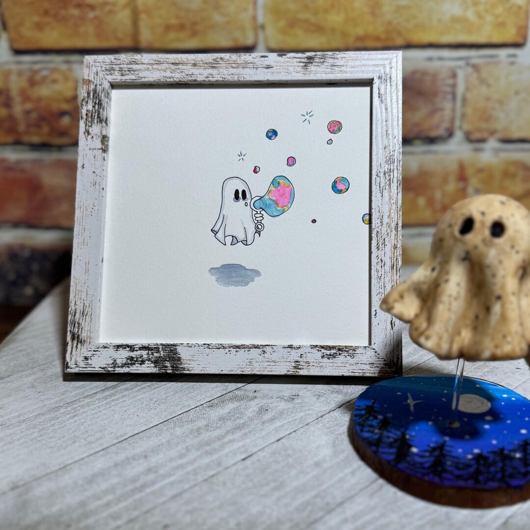 Cute Ghost Art Ghost Blowing Bubbles Original Tiny Whimsical Spooky ...