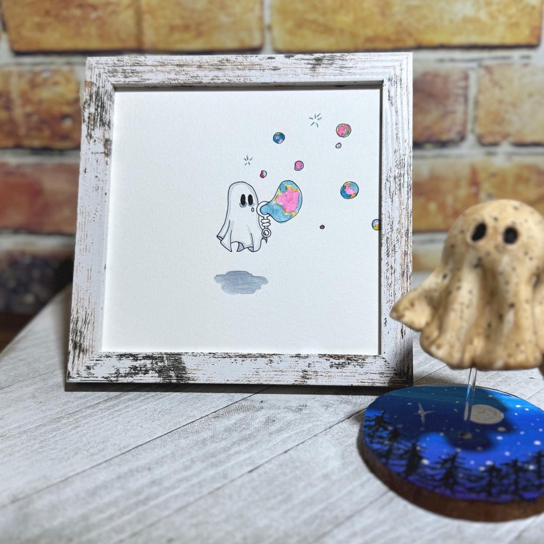 Cute Ghost Original Art Tiny Whimsical Ghost Blowing Bubbles ...