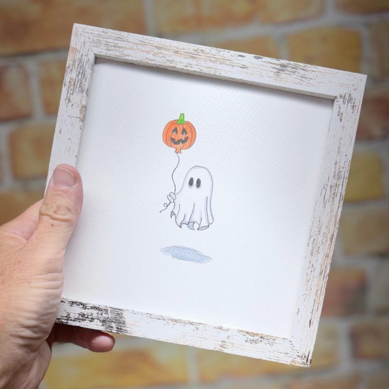 Original Spooky Cute Ghost Art With Jack-o-lantern Balloon Tiny ...