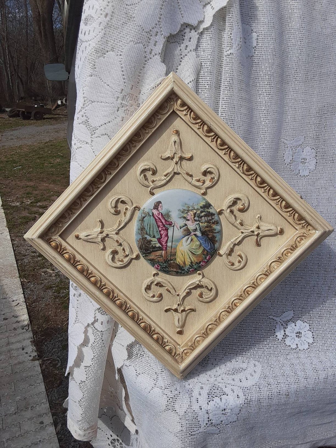 REDUCED FREE SHIP Vtg Syroco Style Cream Tone Gold Accents Framed Young ...