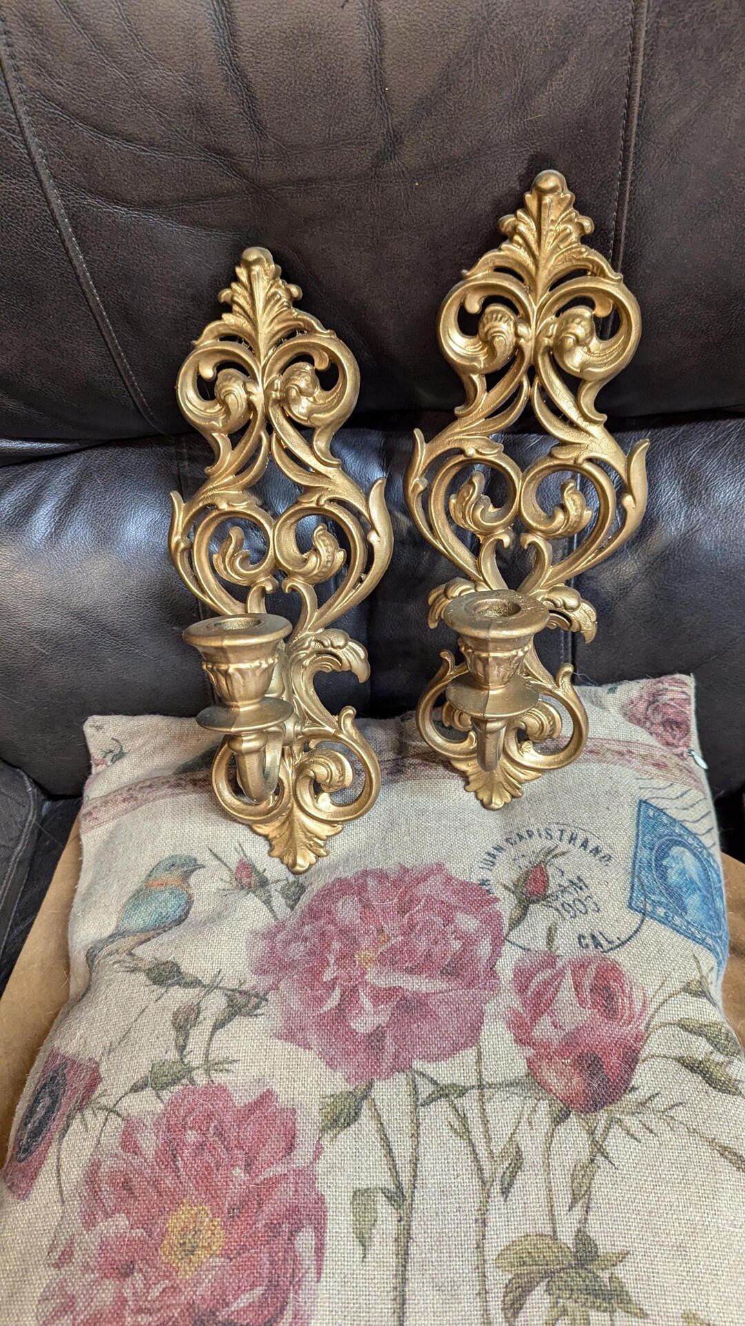 FREE SHIPPING Vtg Mid Century Pair Gold Victorian Scroll Designs Syroco Style Candle Holder Wall ...