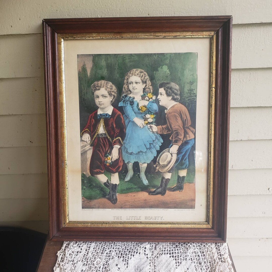 REDUCED FREE SHIP Antique 1872 Dark Wood Gold Lined Framed the Little ...
