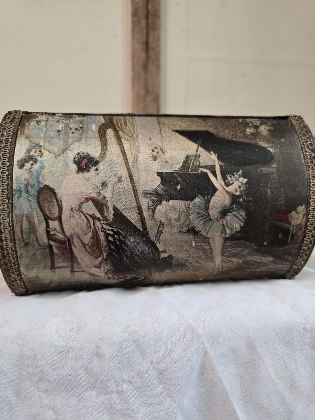 FREE SHIP Vtg Gold Gilt Victorian Parlor Music Ballerina Dancing Satin ...