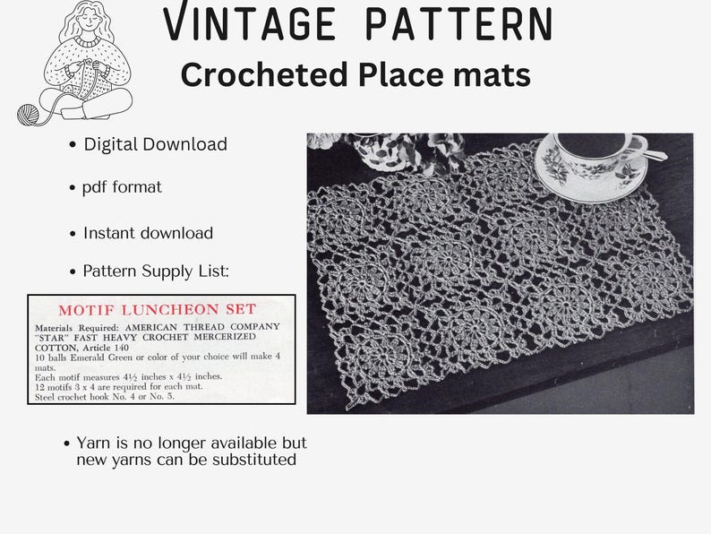 Vintage Crochet Pattern, Lacy Place Mats, Circa 1950s, Instant Download ...