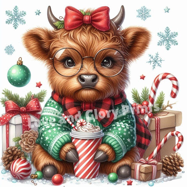 Christmas Highland Cow JPG Clipart Set of 10 Christmas Animals, Rustic ...