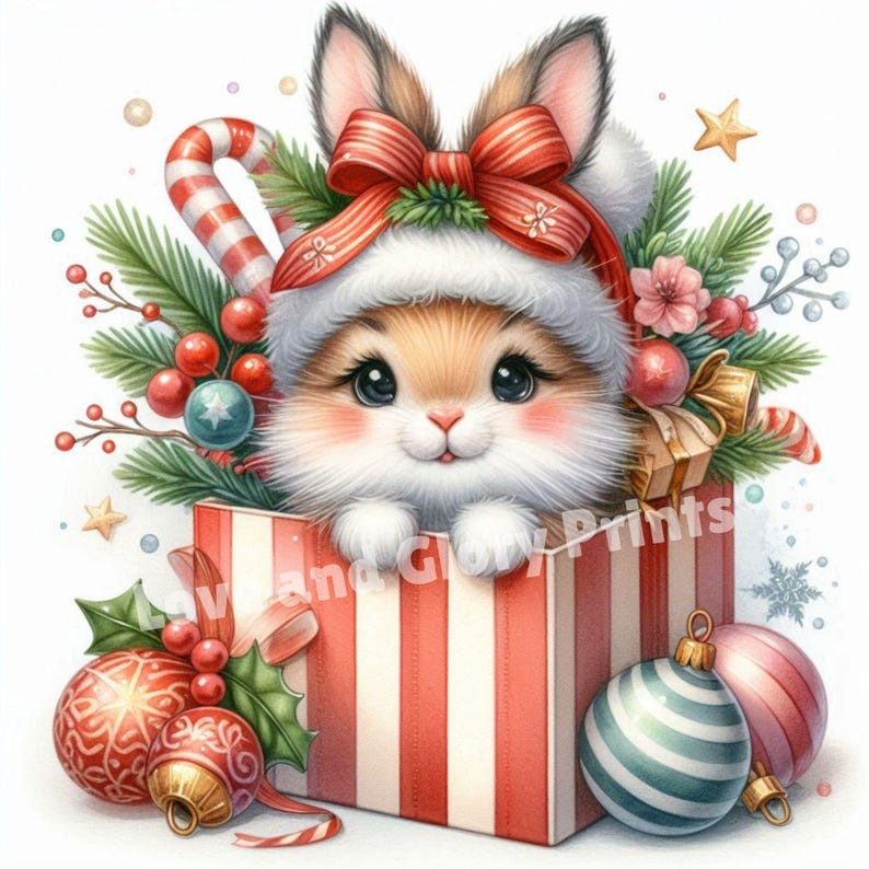 Cute Christmas Animals Clipart, Watercolor Holiday Gift Box JPG, Winter ...