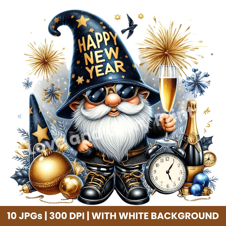 Happy New Year Gnomes Set of 10 Jpgs Clipart, Watercolor Festive Gnome ...