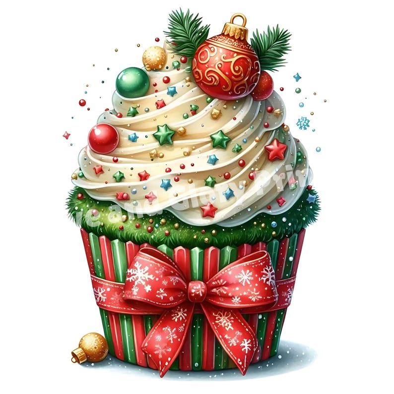 Festive Cupcake Christmas Clipart JPG, Cute Holiday Baking Illustration ...