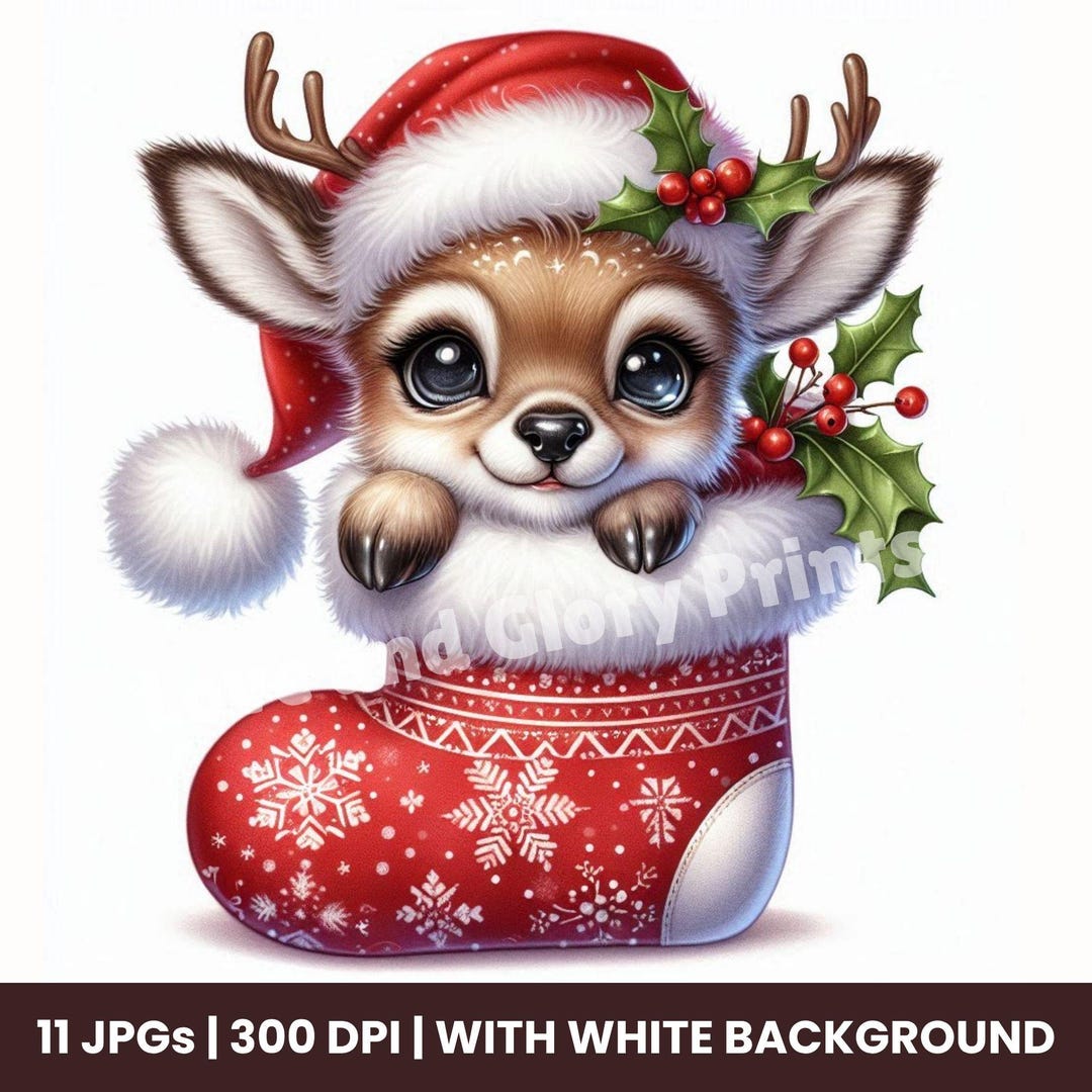 Cute Christmas Reindeer Clipart Set of 11 Jpgs Baby Deer With Santa Hat ...