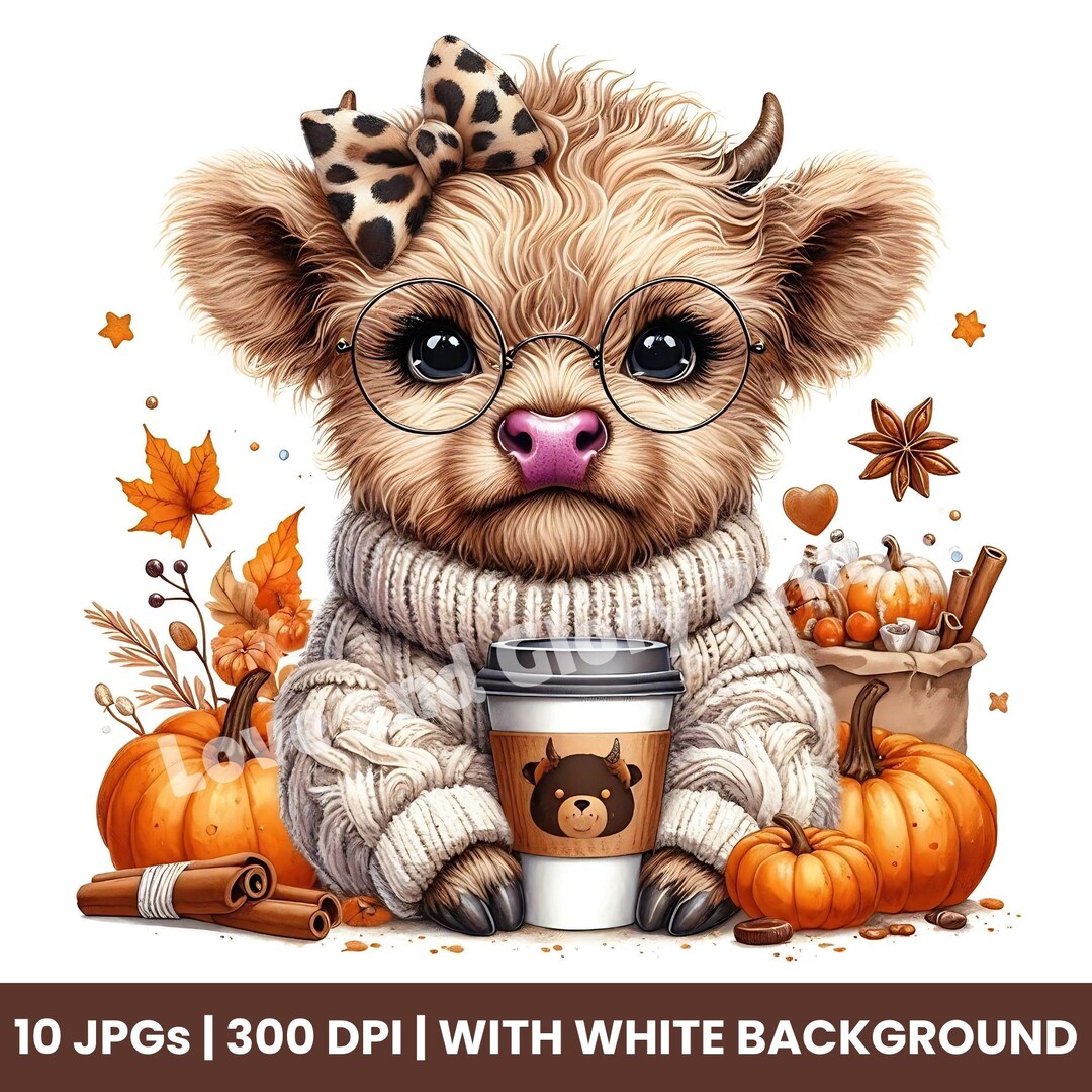 Autumn Highland Cow Set of 10 Jpgs Clipart Bundle Watercolor Baby Cow ...
