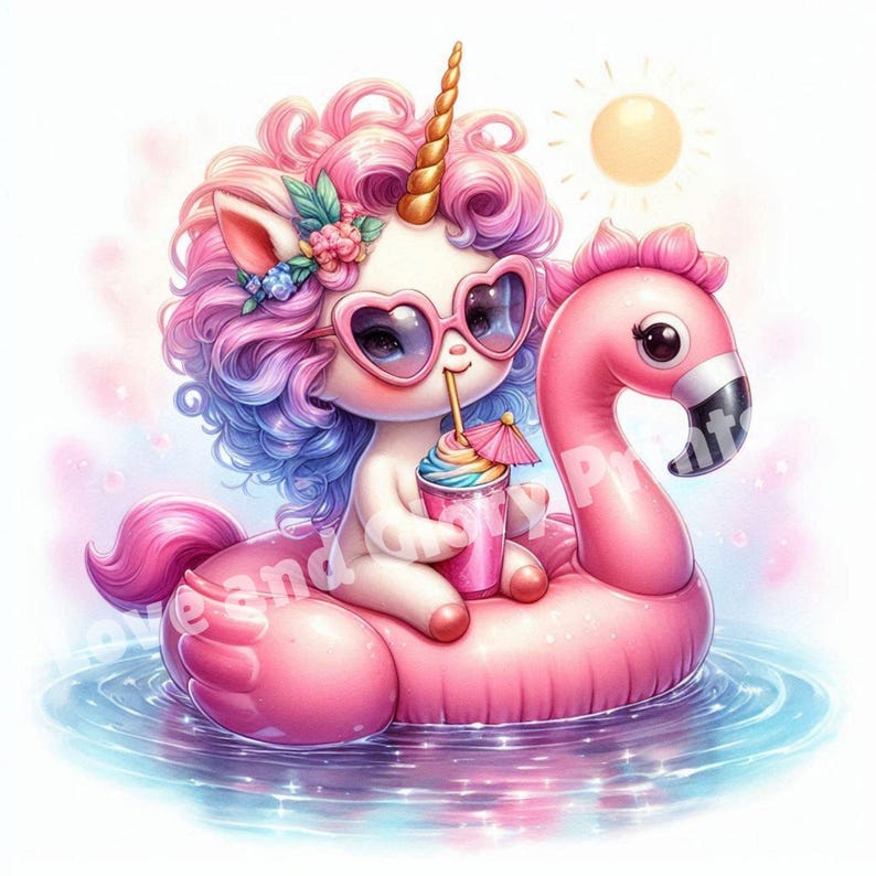 Summer Unicorn Clipart Set of 10 Jpgs Watercolor Unicorn in Pool Float ...