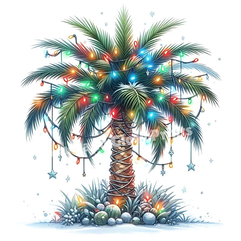 Christmas Palm Tree JPG Clipart, Tropical Holiday Tree With Xmas Lights ...