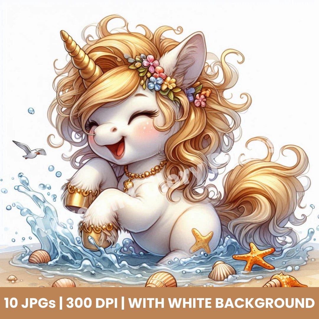 Summer Unicorn Clipart Set of 10 Jpgs Watercolor Sea Splash Unicorn ...