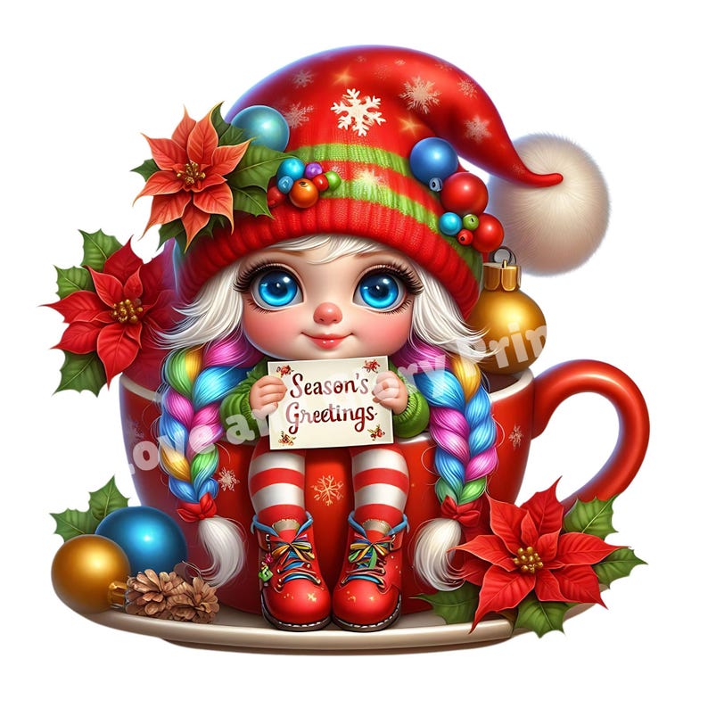 Cozy Christmas Gnome in Mug PNG, Whimsical Watercolor Holiday Clipart ...
