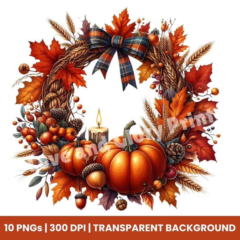 Autumn Thanksgiving Wreath Clipart Set of 10 Jpgs Dried Leaves Clipart ...