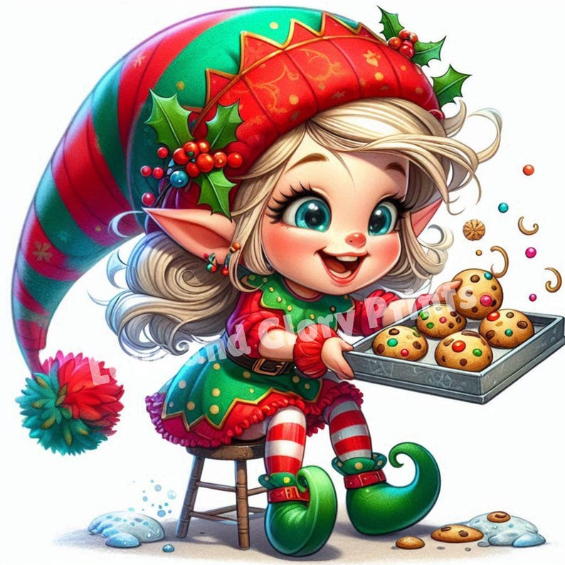 Christmas Elf Baking Cookies Clipart JPG, Cute Holiday Elf Kitchen ...