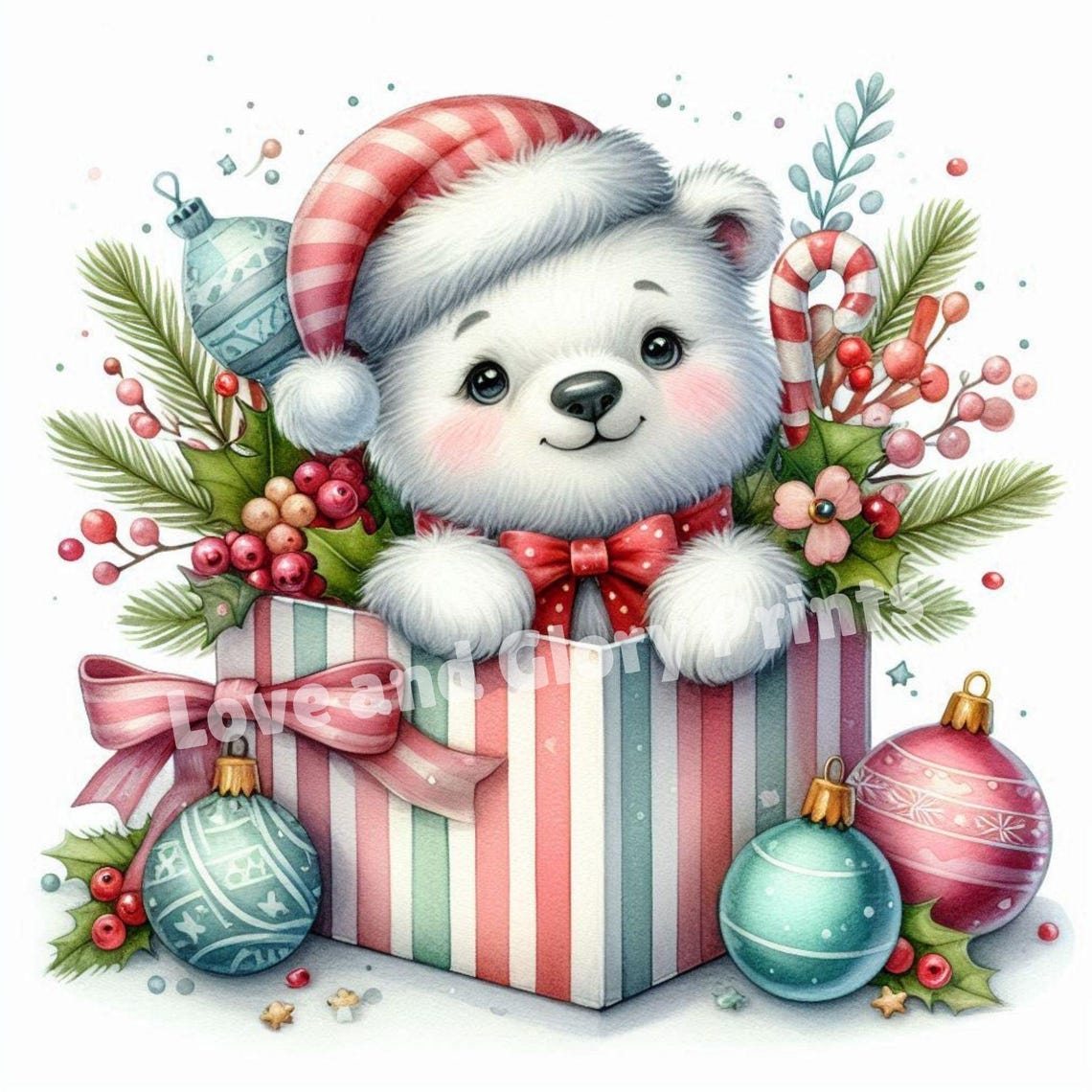 Cute Christmas Animals Clipart, Watercolor Holiday Gift Box JPG, Winter ...