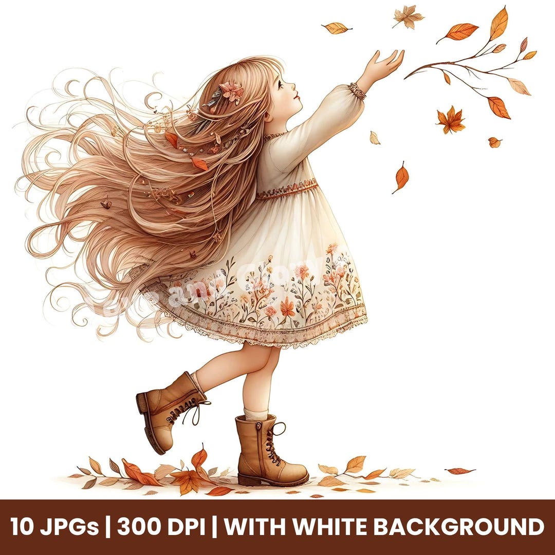 Autumn Girl Clipart Set of 10 Jpgs Cute Fall Girl With Autumn Leaves ...