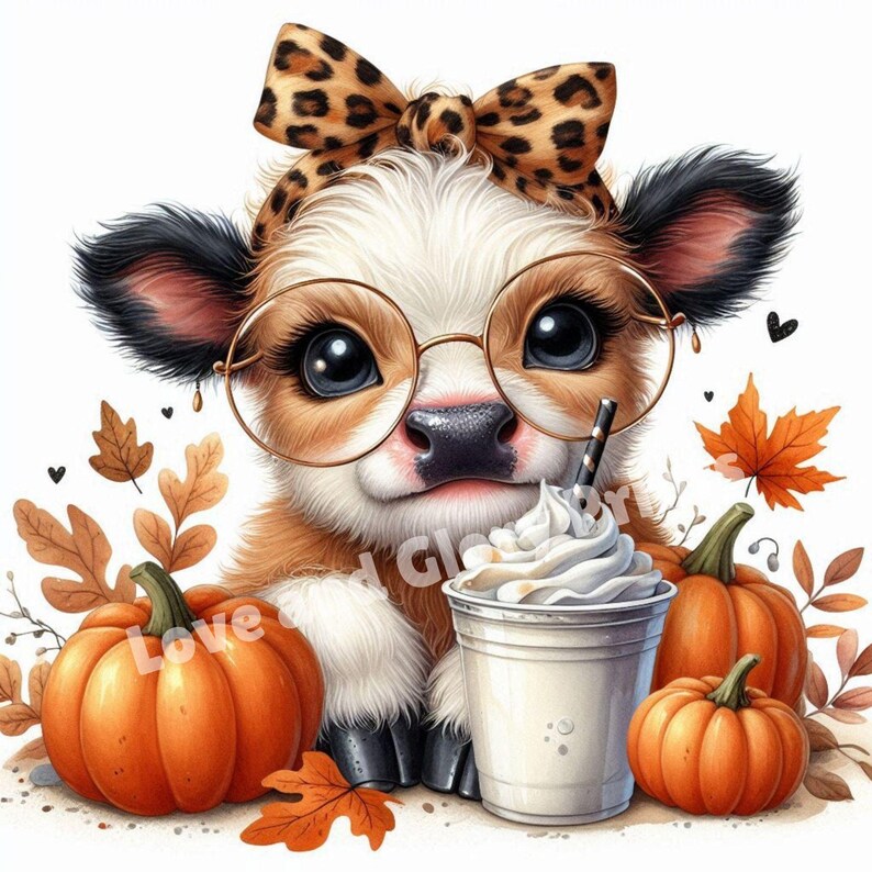 Autumn Highland Cow Set of 10 Jpgs Clipart Bundle Watercolor Baby Cow ...