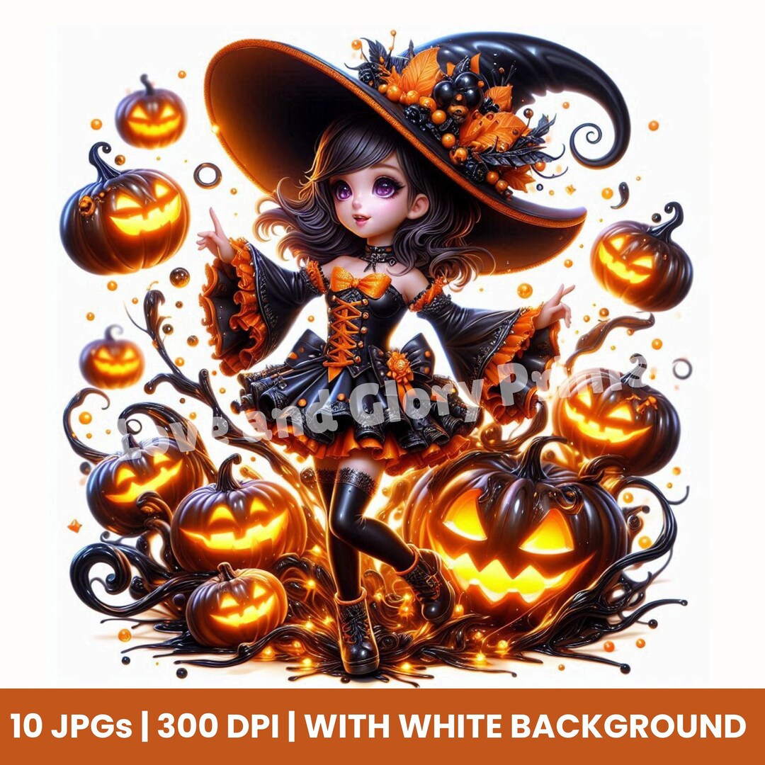 Whimsical Halloween Witch Clipart, Cute Witch JPG Illustration, Spooky ...