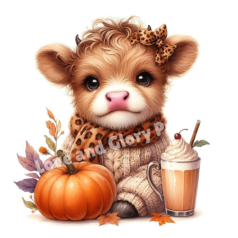 Autumn Highland Cow Set of 10 Jpgs Clipart Bundle Watercolor Baby Cow ...