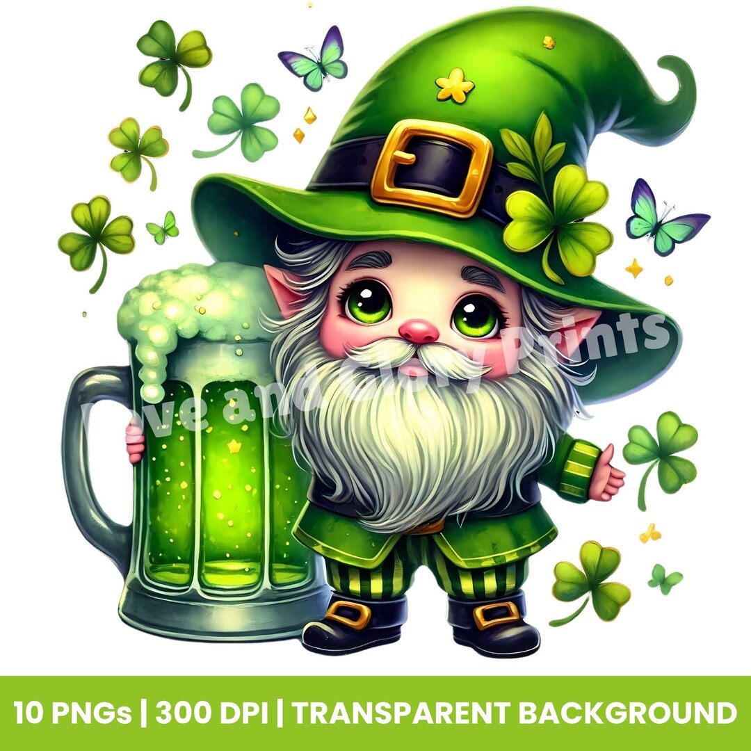 St Patrick's Day Gnomes Clipart PNG Bundle, Cute Irish Gnome Watercolor ...