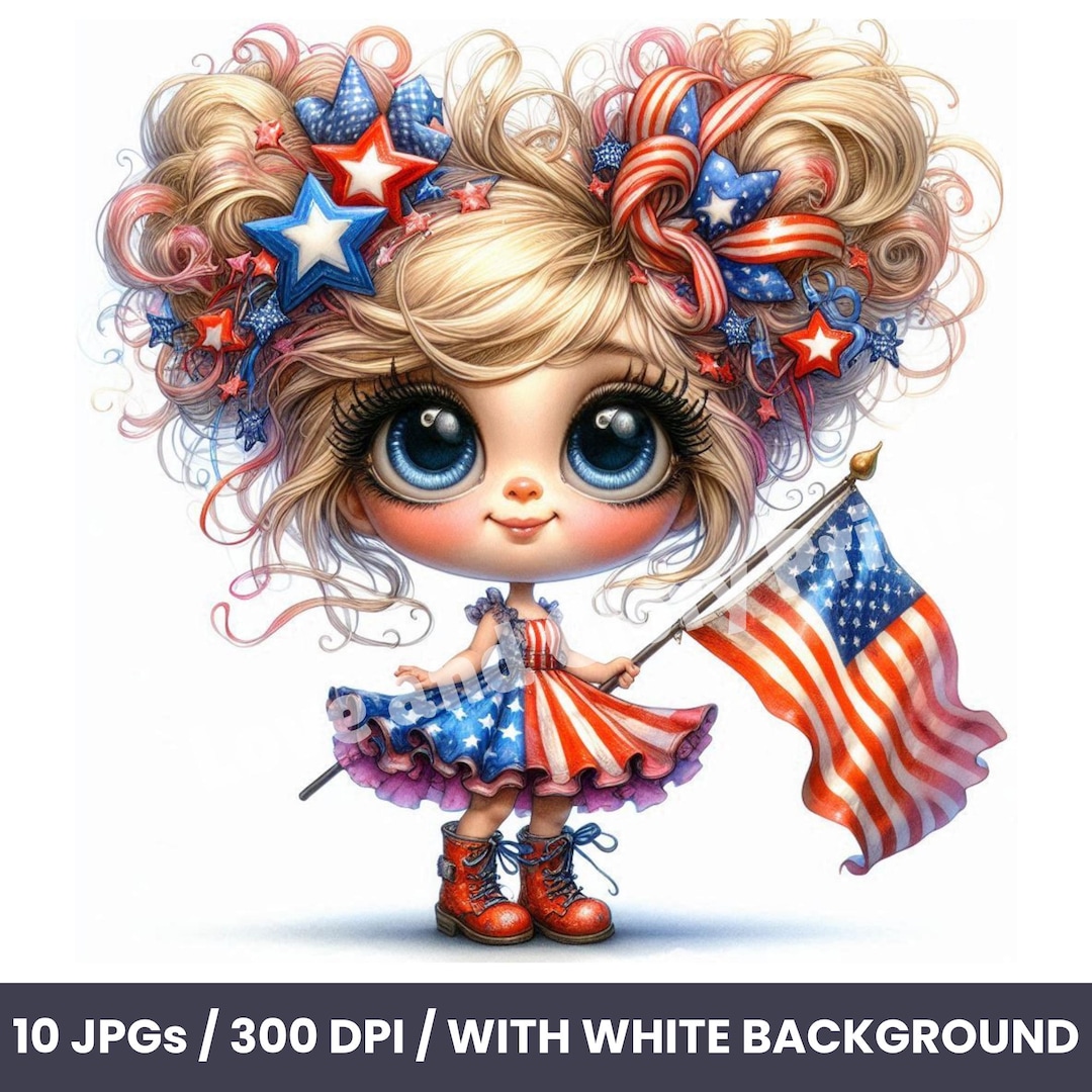 Fourth of July Patriotic Quirky Girl Clipart Set of 10 JPG American ...