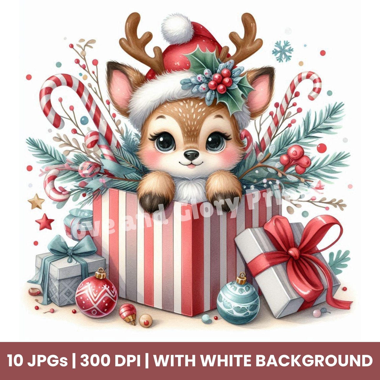 Cute Christmas Animals Clipart, Watercolor Holiday Gift Box JPG, Winter ...