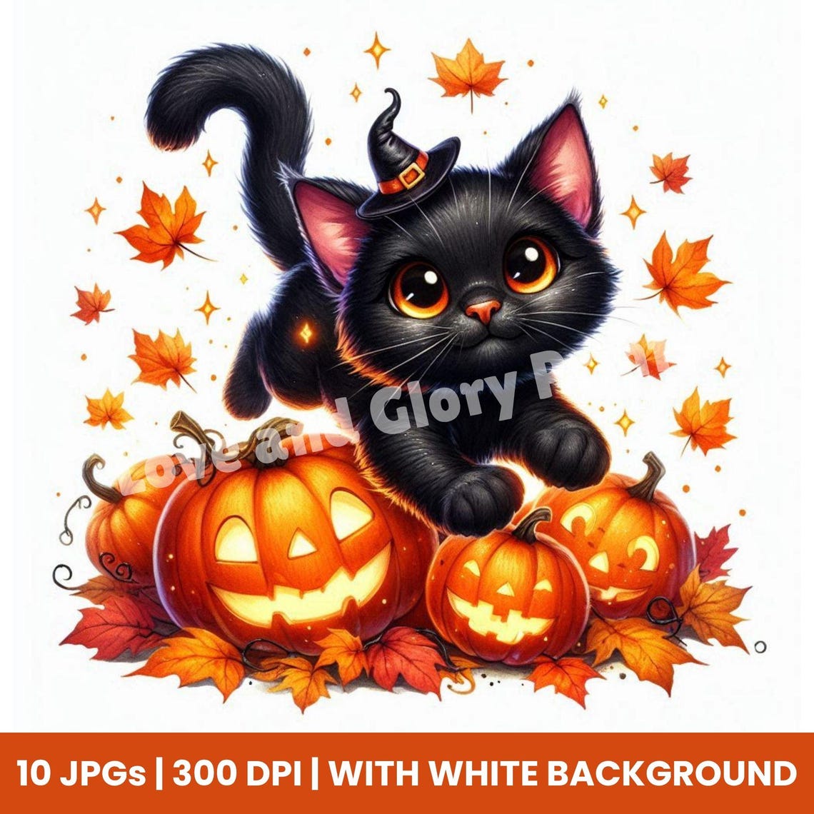 Halloween Cat Clipart Bundle Set of 10 Jpgs, Halloween Clipart ...