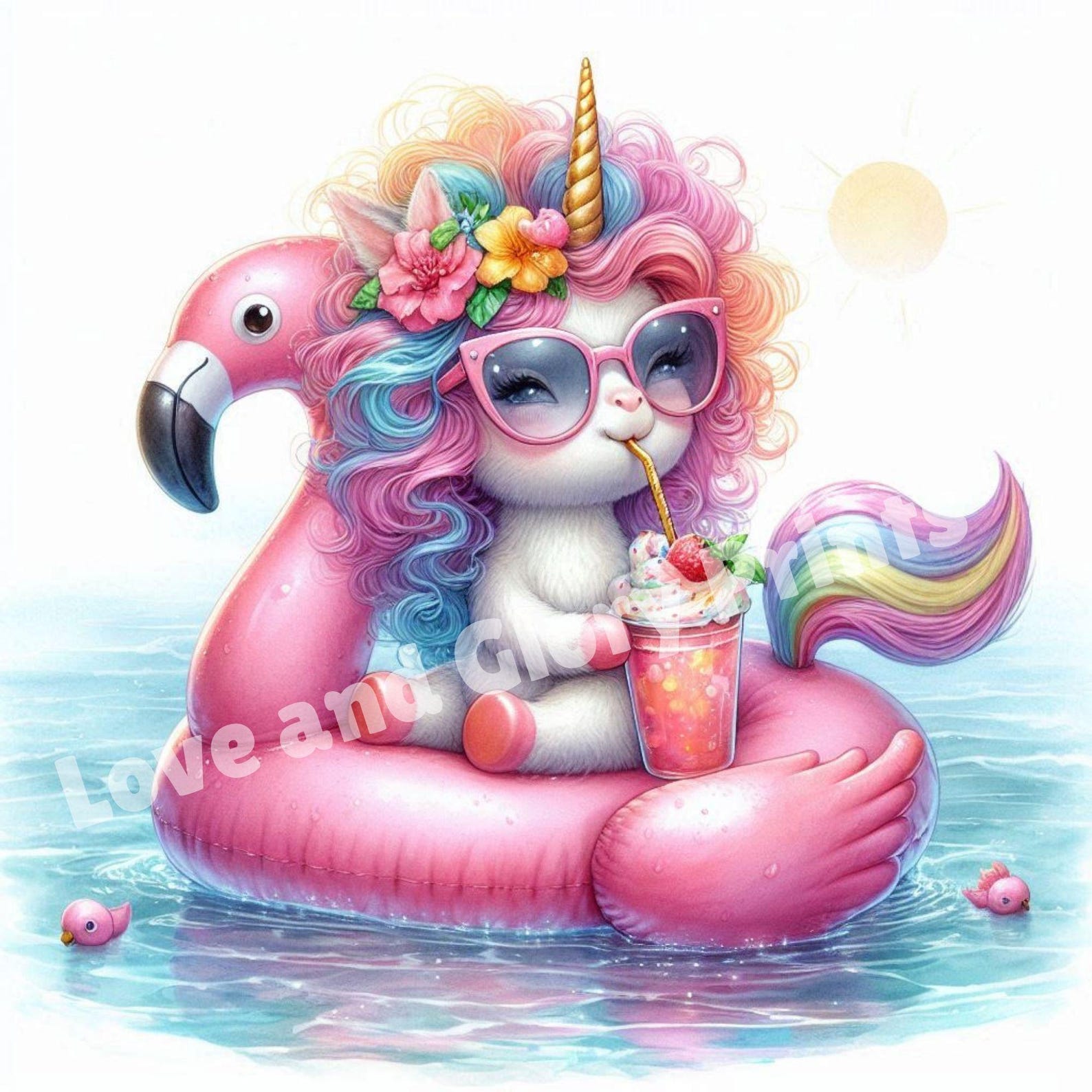 Summer Unicorn Clipart Set of 10 Jpgs Watercolor Unicorn in Pool Float ...
