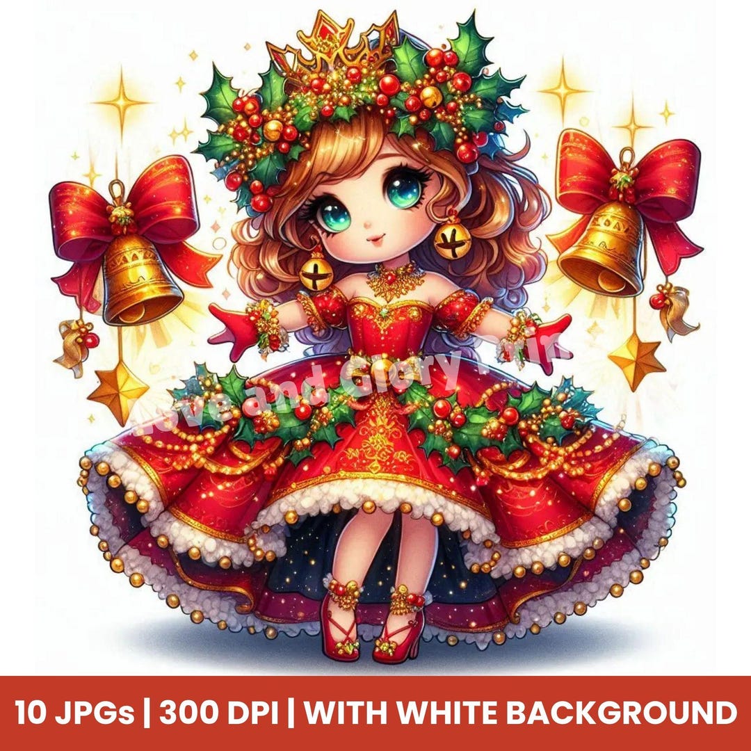 Jingle Bell Princess Clipart JPG, Christmas Princess Illustration, Cute ...