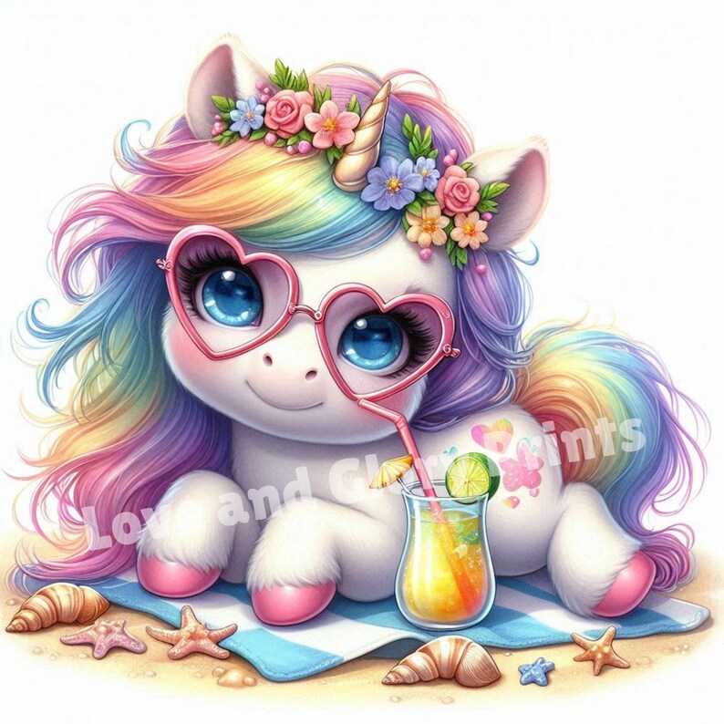 Summer Unicorn Clipart Set of 10 Jpgs Watercolor Cotton Breeze Clipart ...