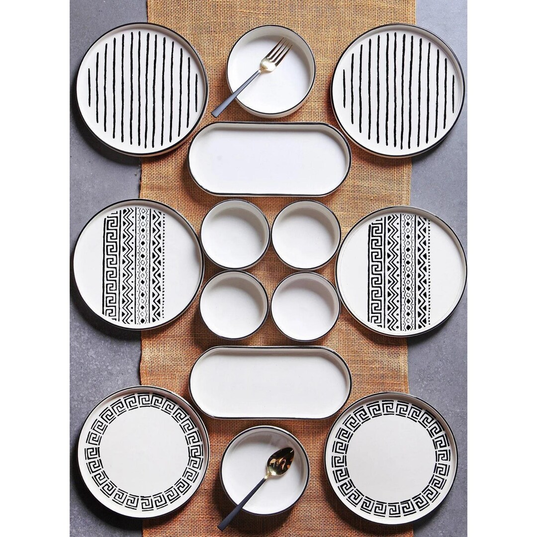 Greek Key 14-piece Black & White Breakfast Set – Modern Stackable ...