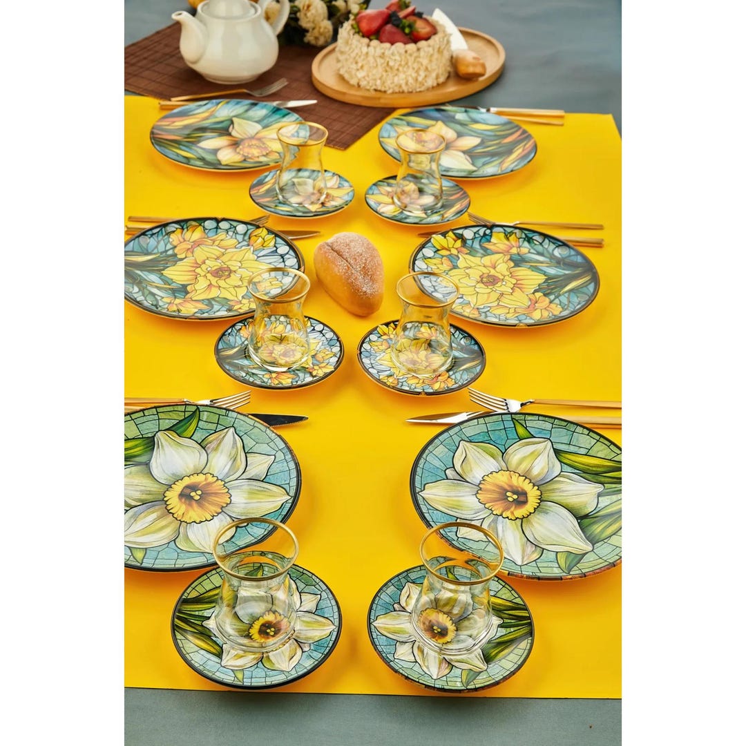 12-piece Iris & Daffodil Ceramic Plate Set – 6-person Floral Dessert ...
