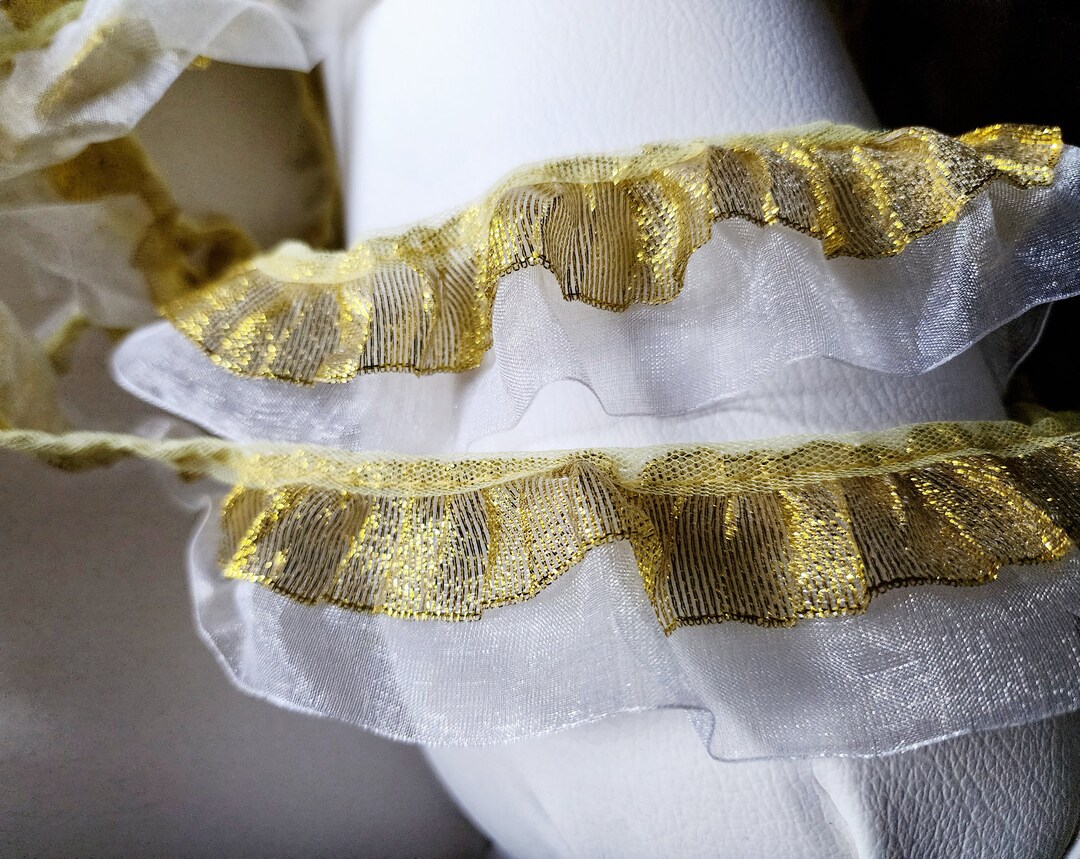 Cute Ruffled Double Trim White and Gold Color 1 Yards Listing 1 Inch ...