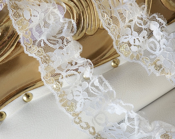 5 Yards White Gold Metallic Ruffle Elastic Trim, Ruffle Trim, Elastic ...