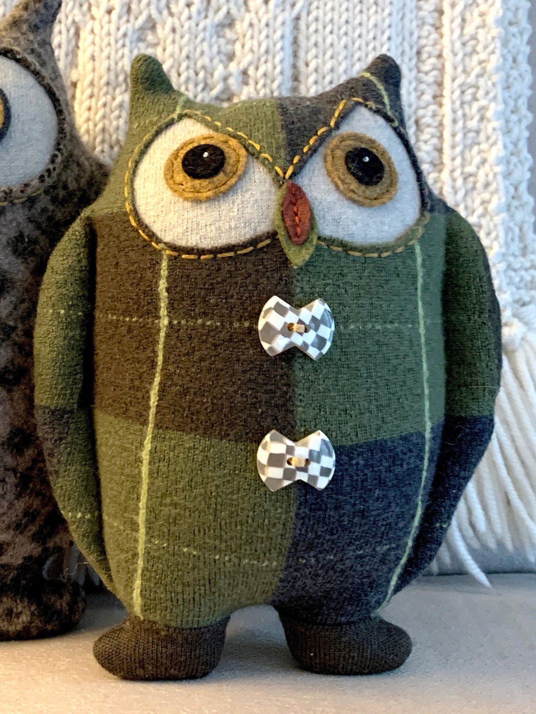 Little Otto Owl, Made From Green and Brown Checkered Upcycled Wool ...