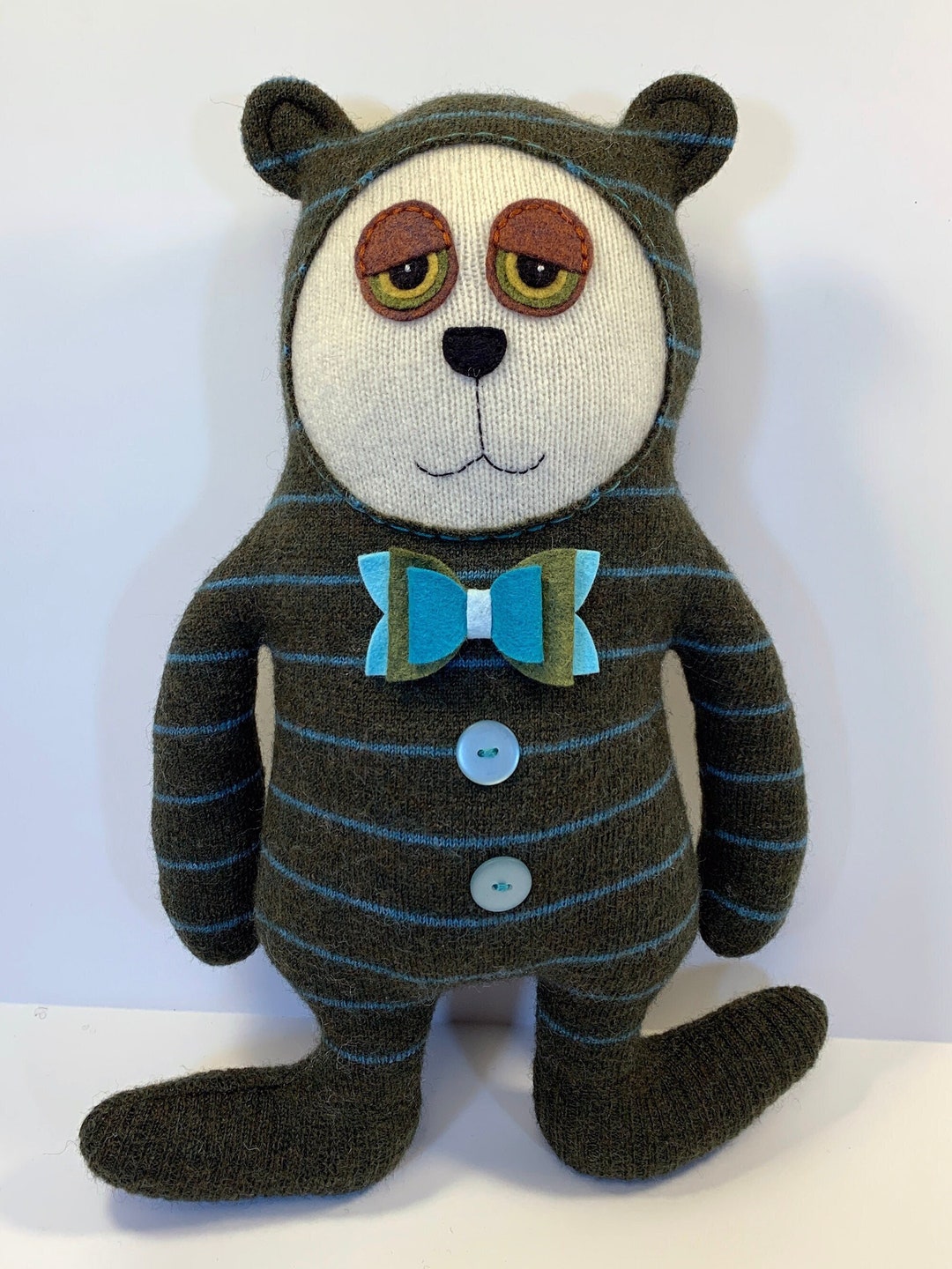 Brooklyn Bear With Blue Stripes and Snazzy Bow Tie, Made From Upcycled Dark Green Wool Sweater ...