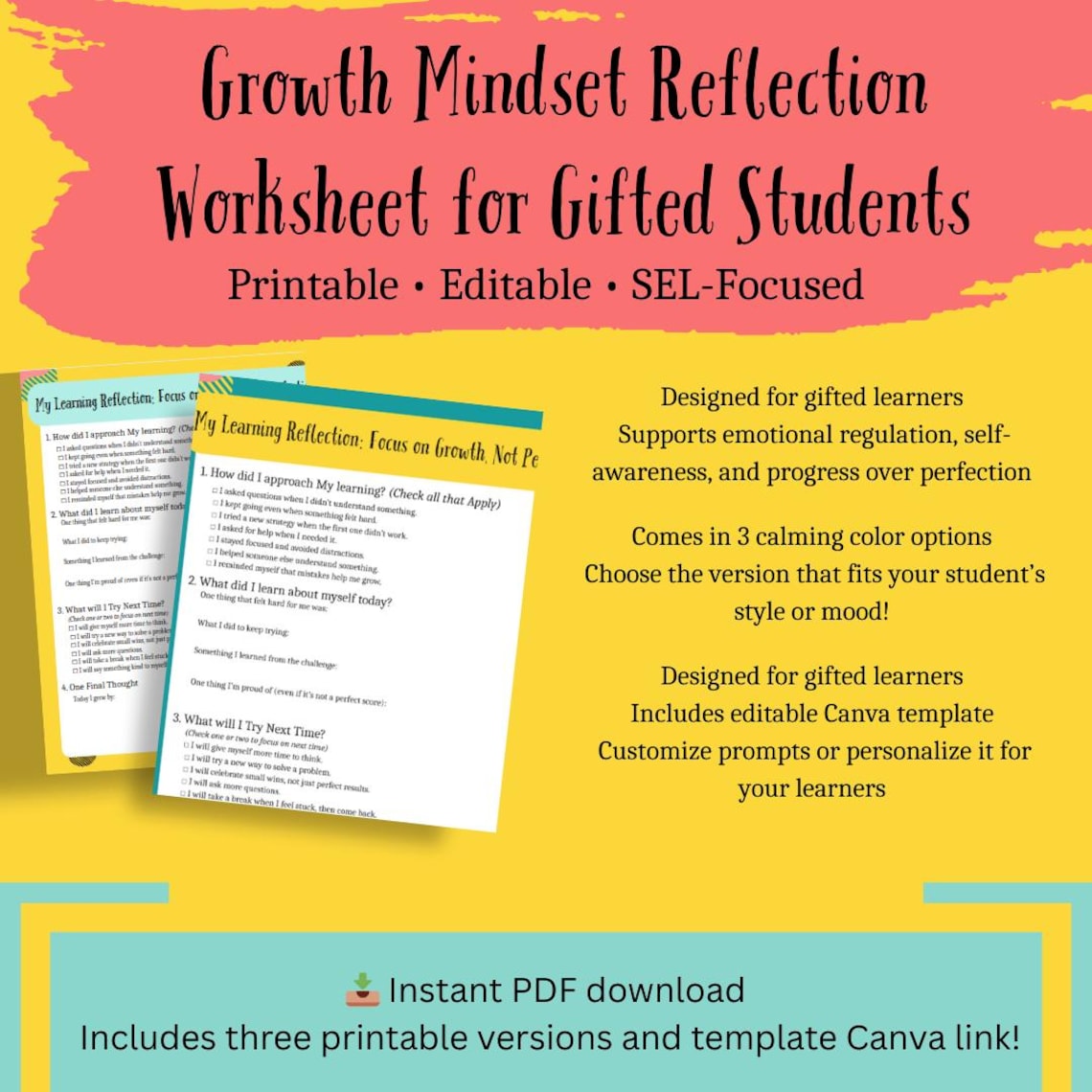 Growth Mindset Reflection Worksheet for Gifted Students | Printable SEL ...