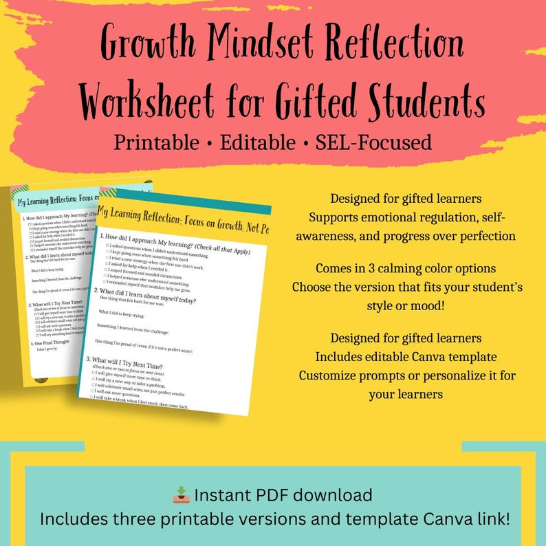 Growth Mindset Reflection Worksheet for Gifted Students | Printable SEL ...