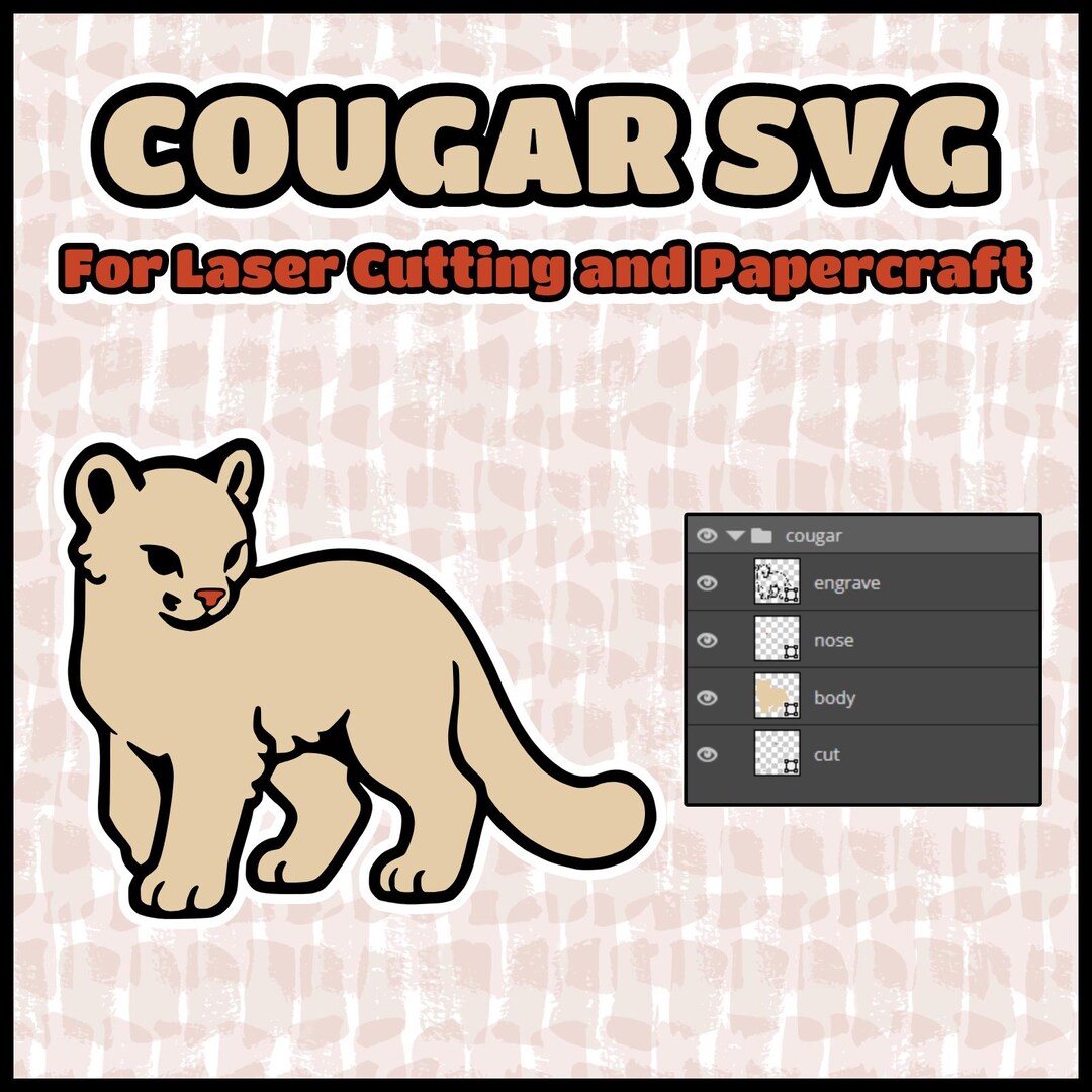 Cute Cougar SVG Vector File for Laser Cutting, Papercraft, Cricut, and ...