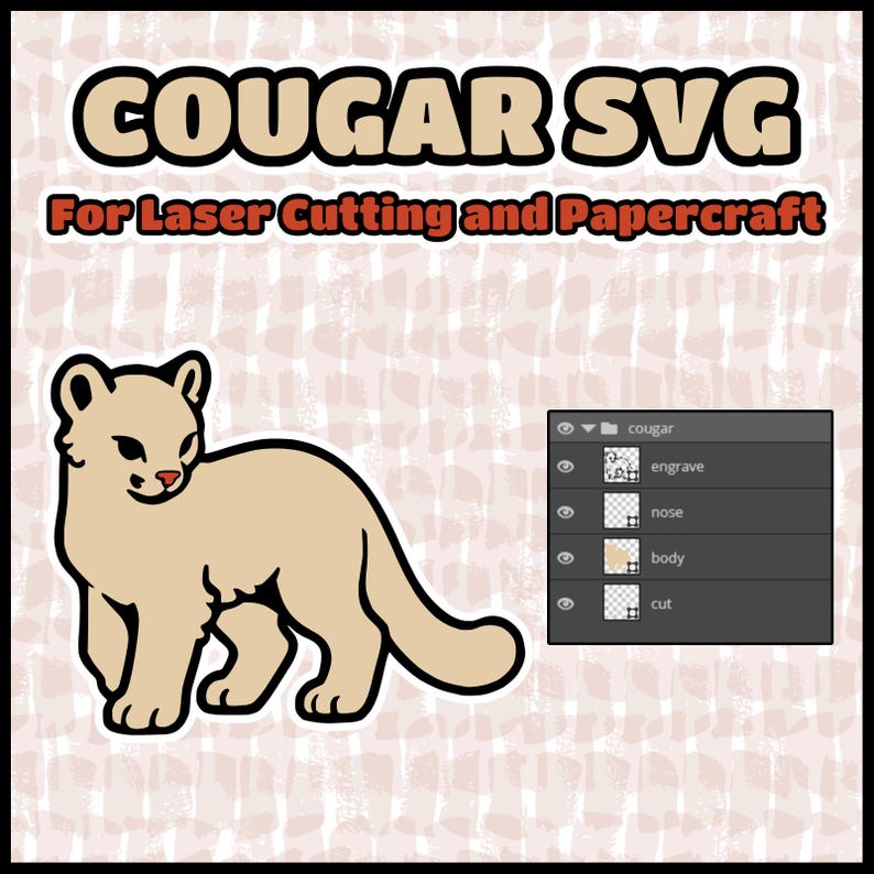 Cute Cougar SVG Vector File for Laser Cutting, Papercraft, Cricut, and ...