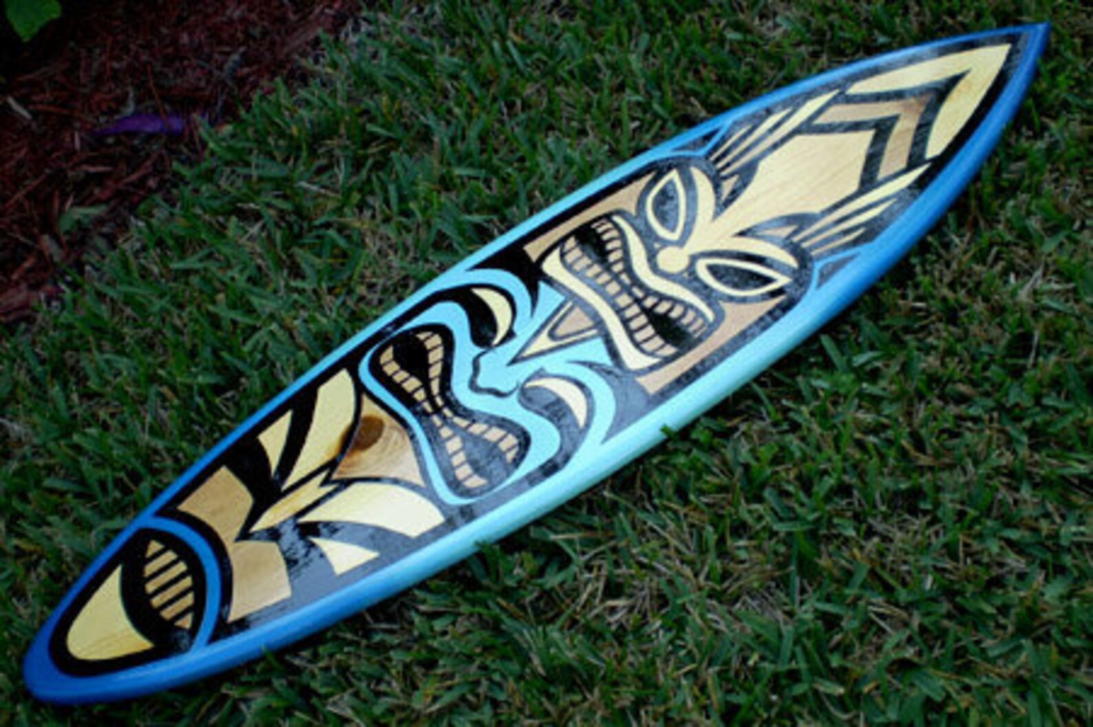 Blue Tiki Surfboard Decorative Wall Art, Vertical- Customizable- Solid ...
