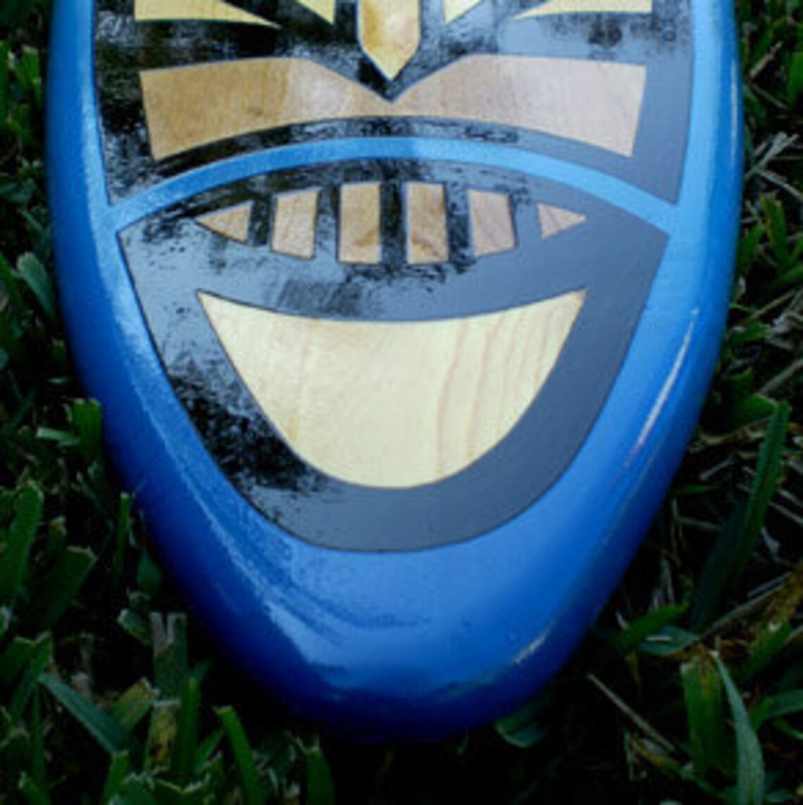 Blue Tiki Surfboard Decorative Wall Art, Vertical- Customizable- Solid ...
